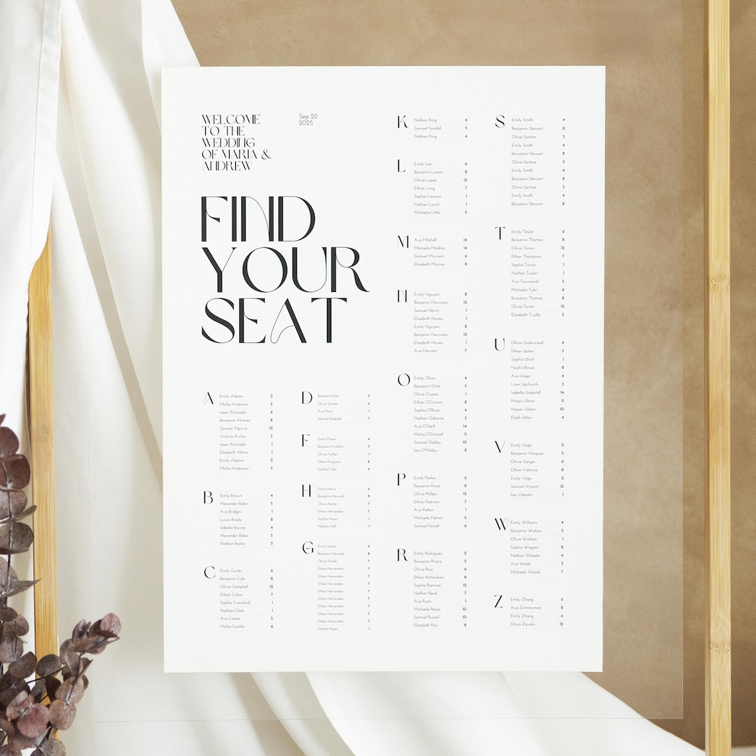 Alphabetical Seating Chart, Wedding Vertical Seating Arrangement Sign ...