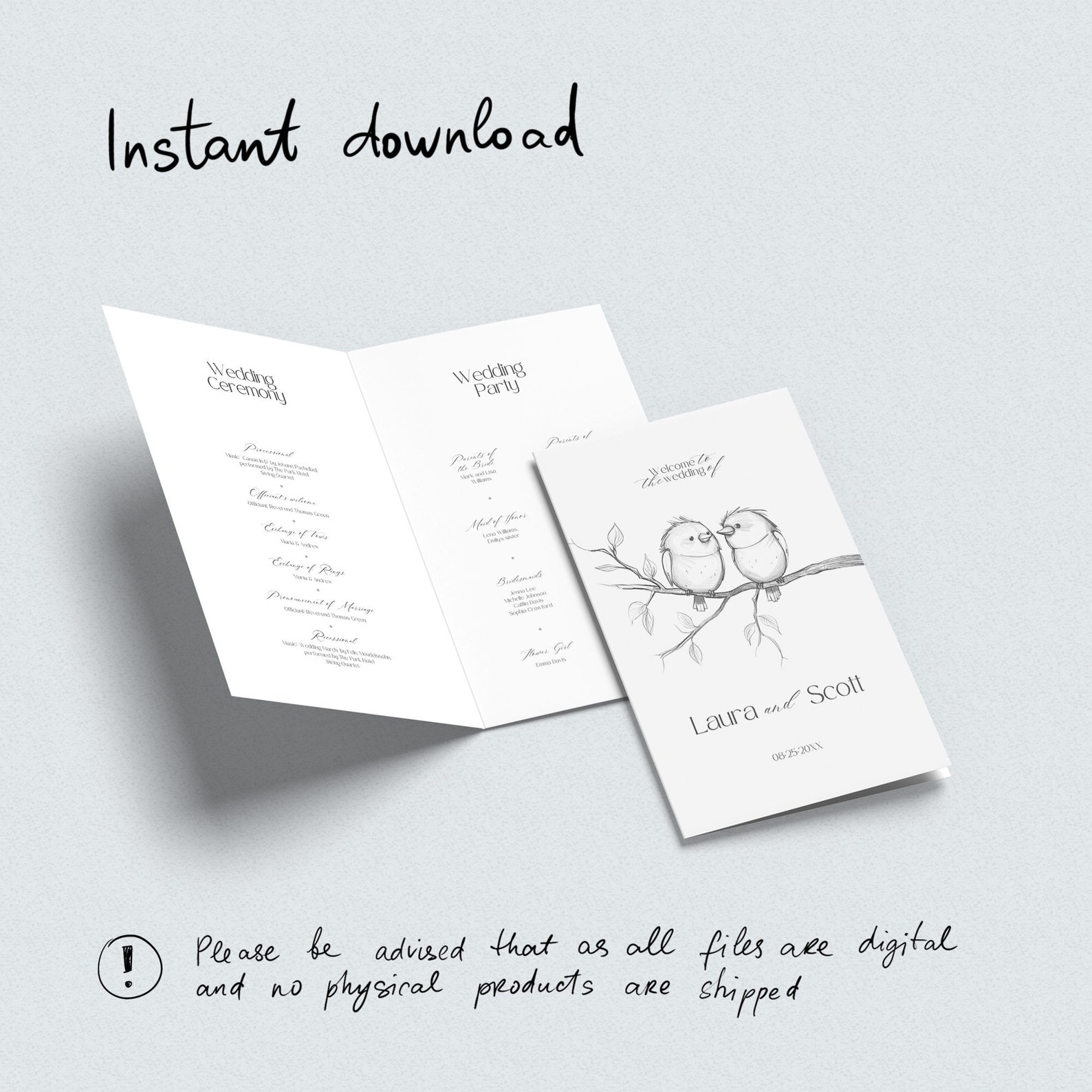 Wedding Program Template With Birds, Foldable Wedding Program ...