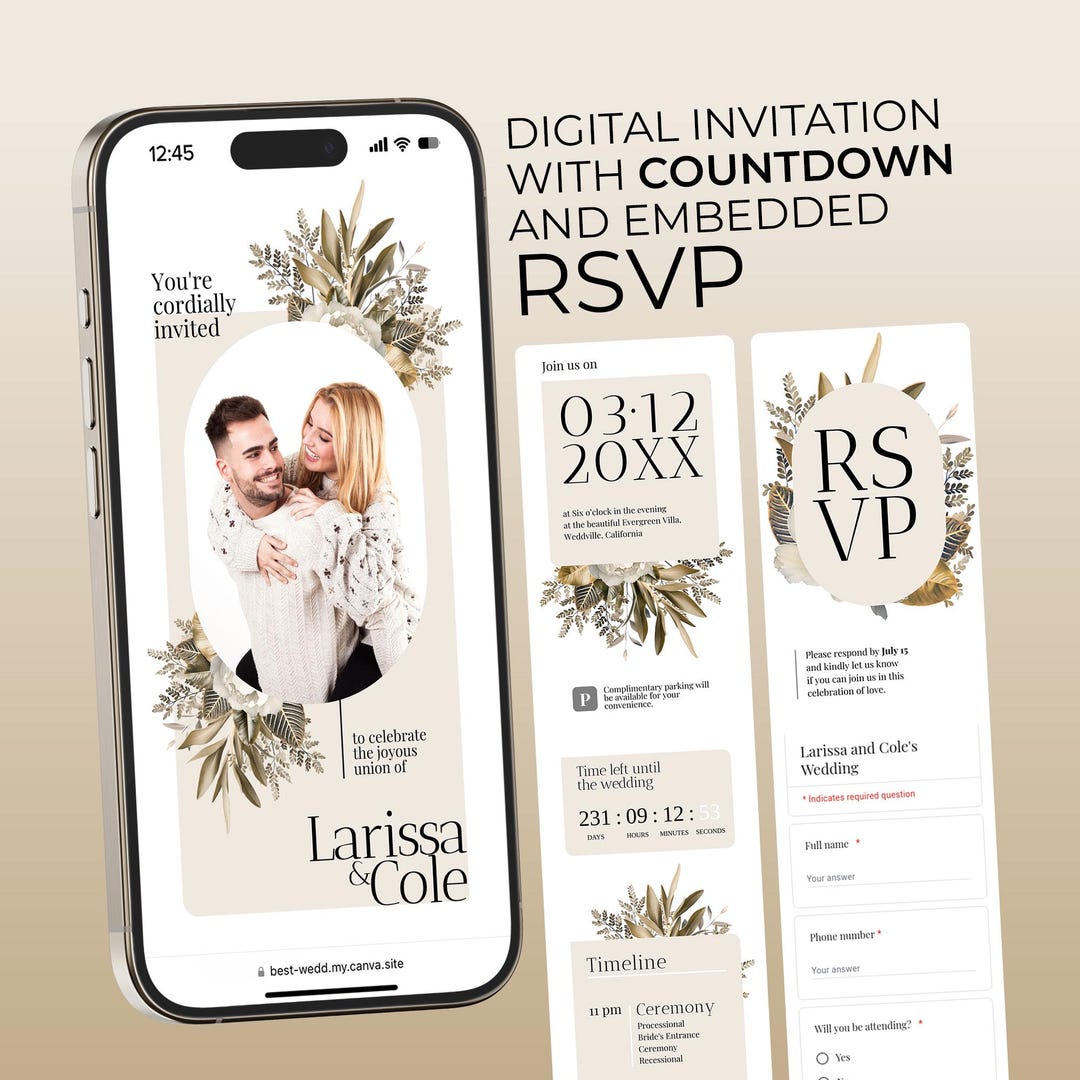 Boho WEB Invitation With Embedded Countdown Timer, Trackable RSVP Form ...