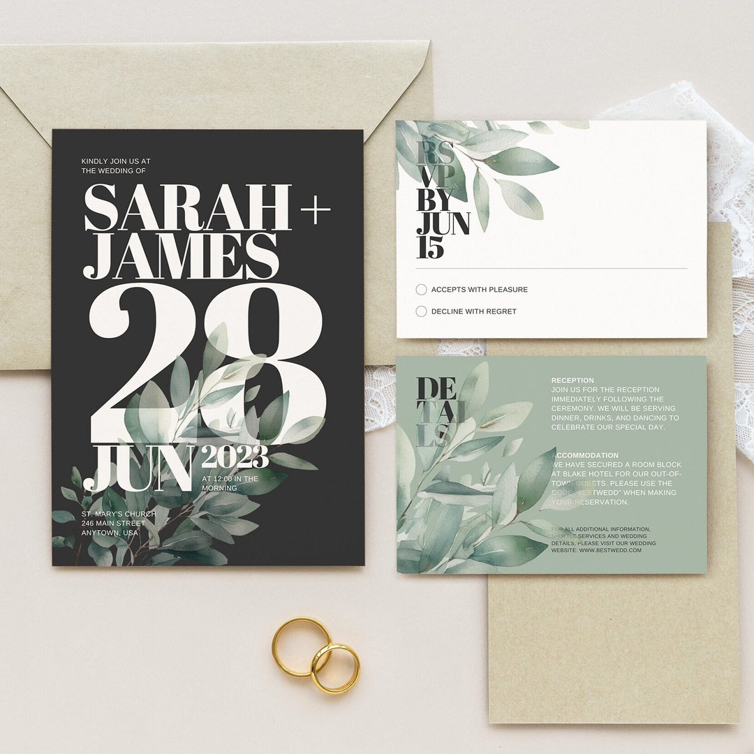 Eucalyptus Wedding Invitation Suite, Dark Invitation Template With RSVP ...