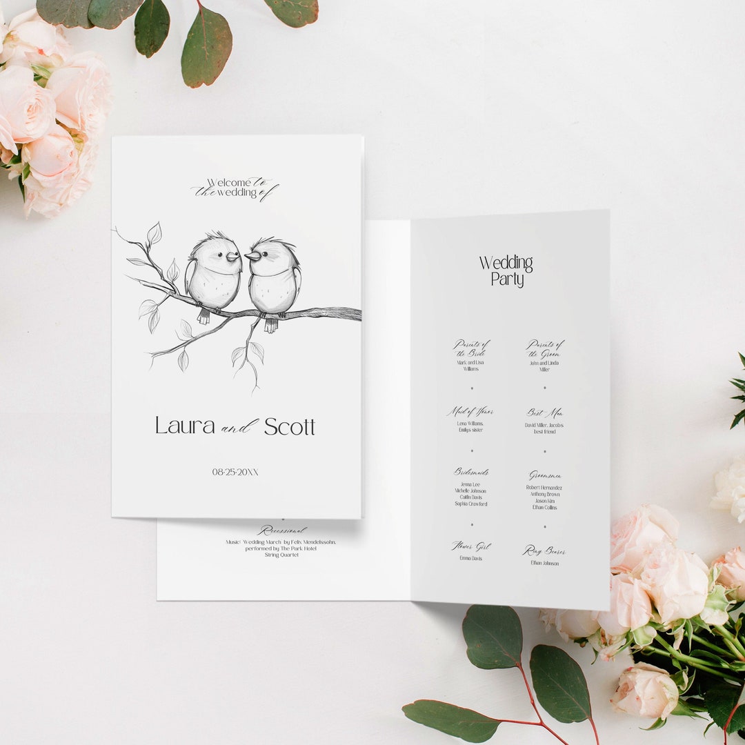 Wedding Program Template With Birds, Foldable Wedding Program ...