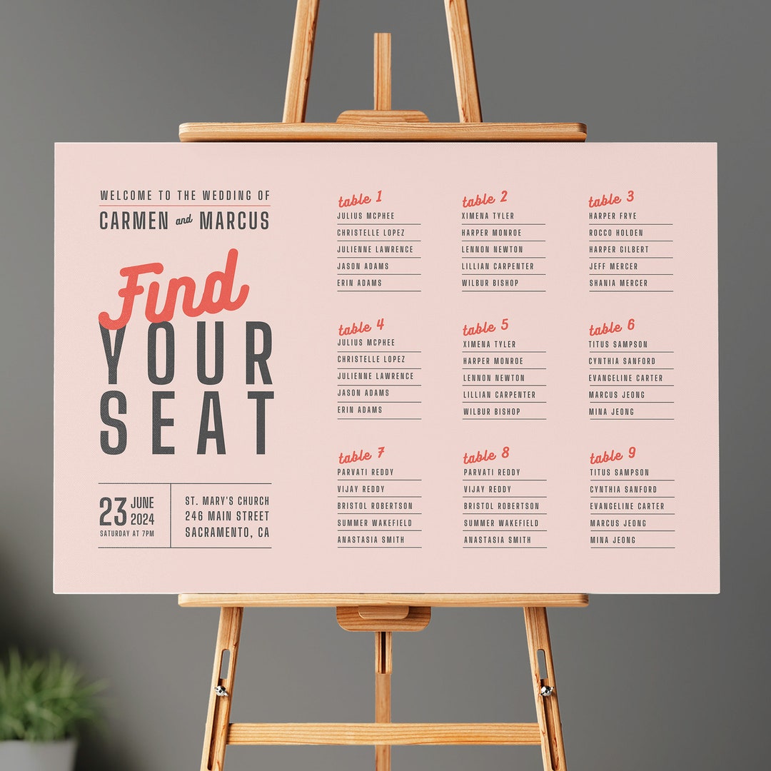 Retro Wedding Seating Arrangement, Fully Editable Seating Chart ...