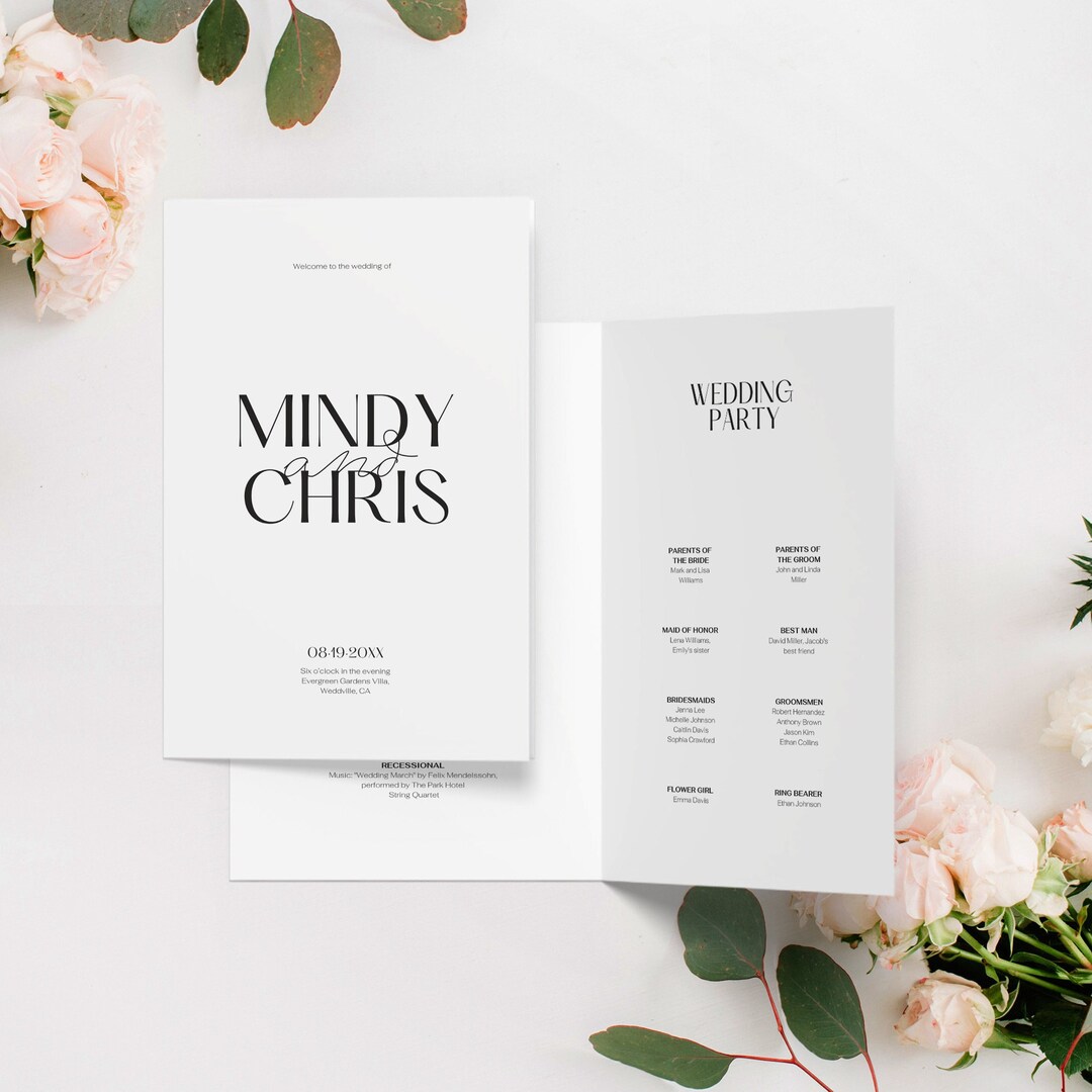 Minimalist Wedding Program Template, Order of Service, Bifold Program ...