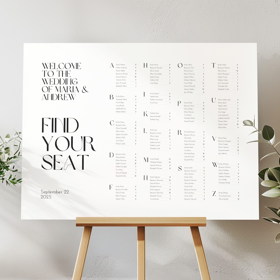 Alphabetical Seating Chart Canva Template, Wedding Seating Chart Sign ...