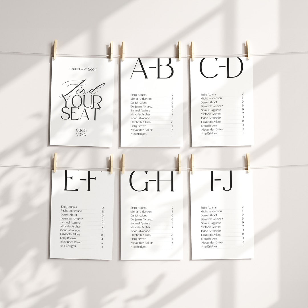 Wedding Seating Chart Template: Alphabetical Cards, Editable Canva ...
