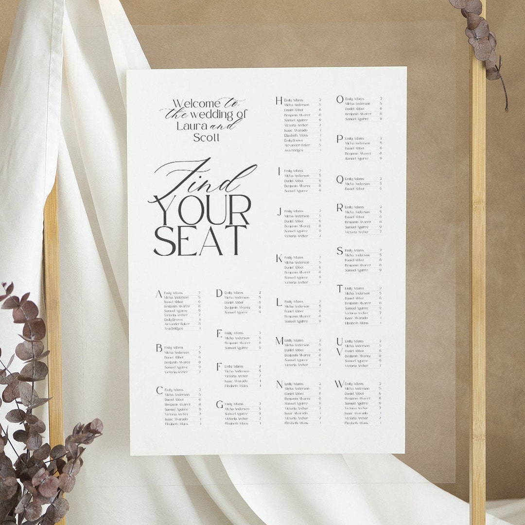 Find Your Seat Canva Template, Wedding Alphabetical Seating Chart ...
