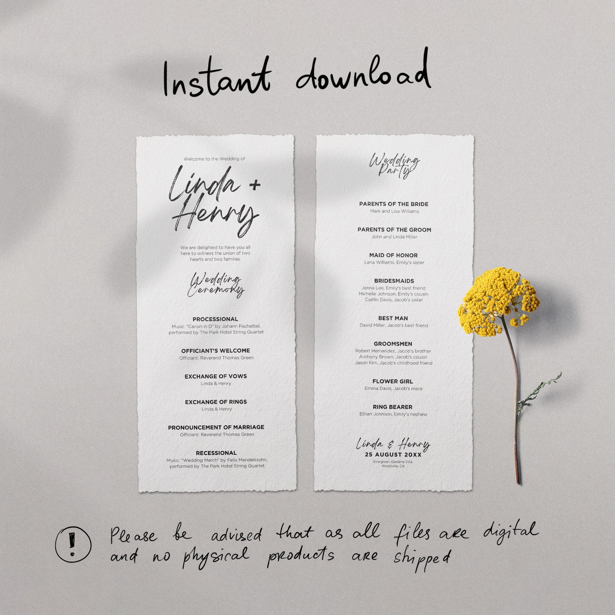Wedding Program Template, Minimalist 4x9 Wedding Program, Editable & Printable Wedding Day ...