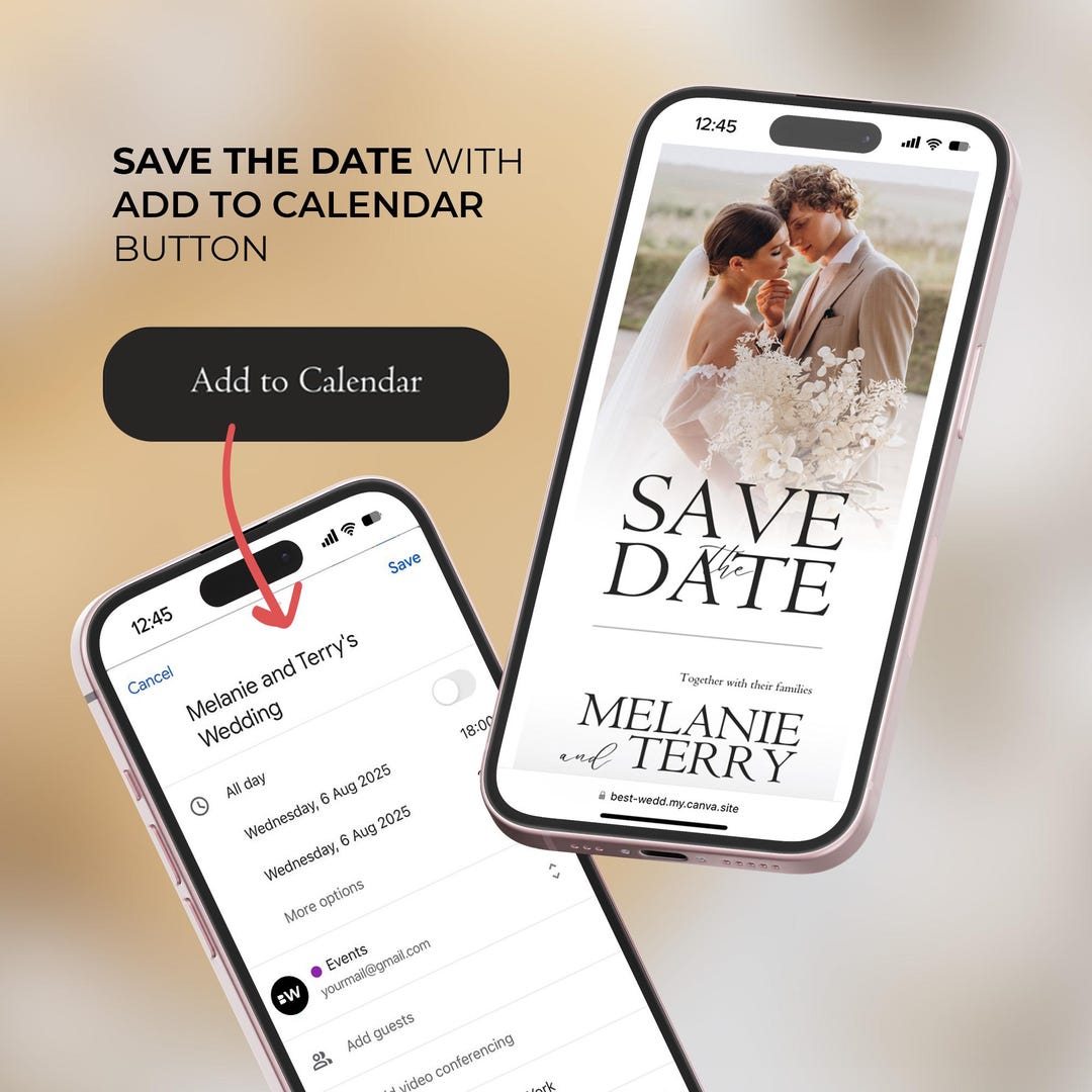 WEB Save the Date Template With Add to Calendar Button, Digital Wedding Website Announcement ...