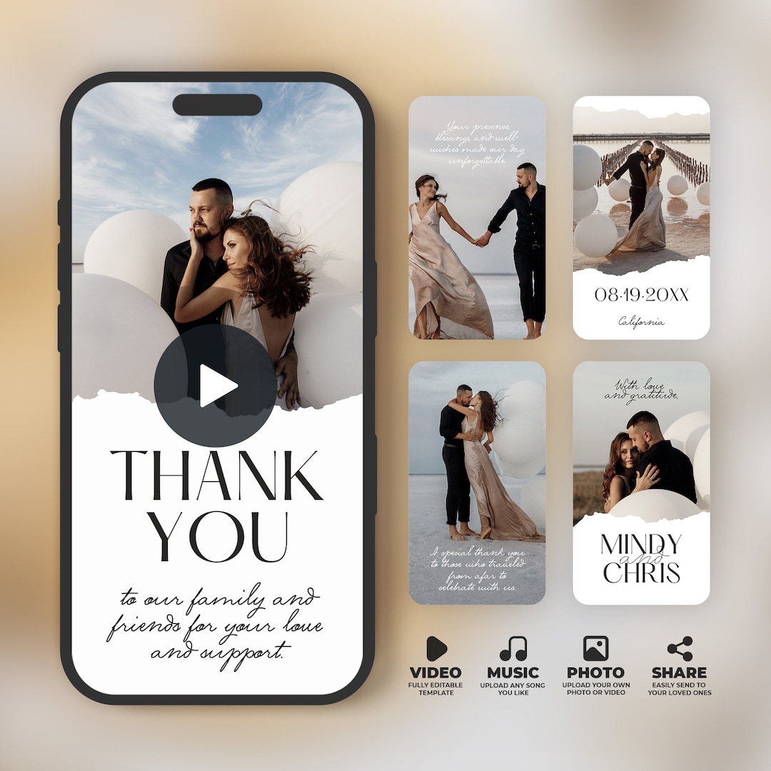 Wedding Video Thank You Card Template, Minimalist Thank You for Phone, Digital Thank You Cards ...
