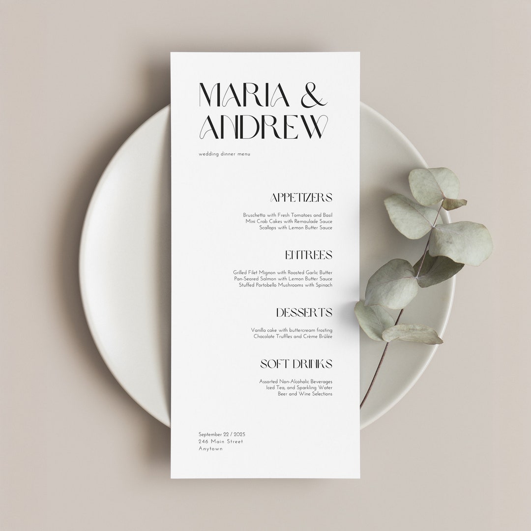 Wedding Dinner Menu, Modern Wedding Menu Canva Template, Minimal ...