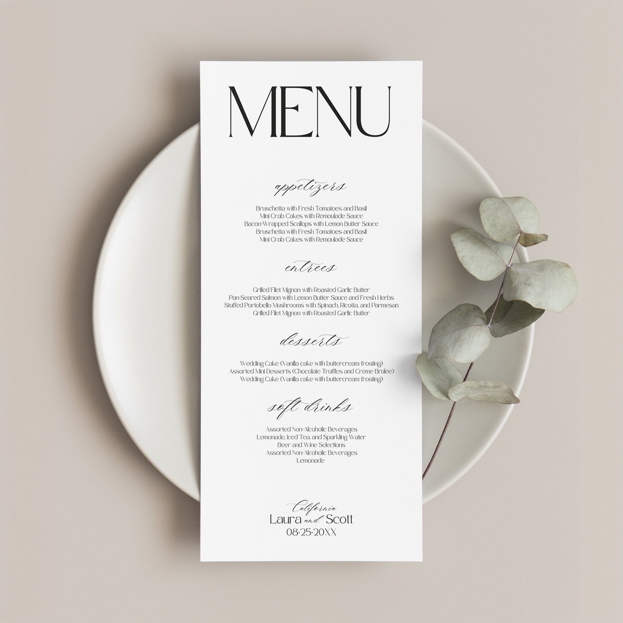 Simple Editable Wedding Menu, Printable Wedding Menu, Minimalist ...