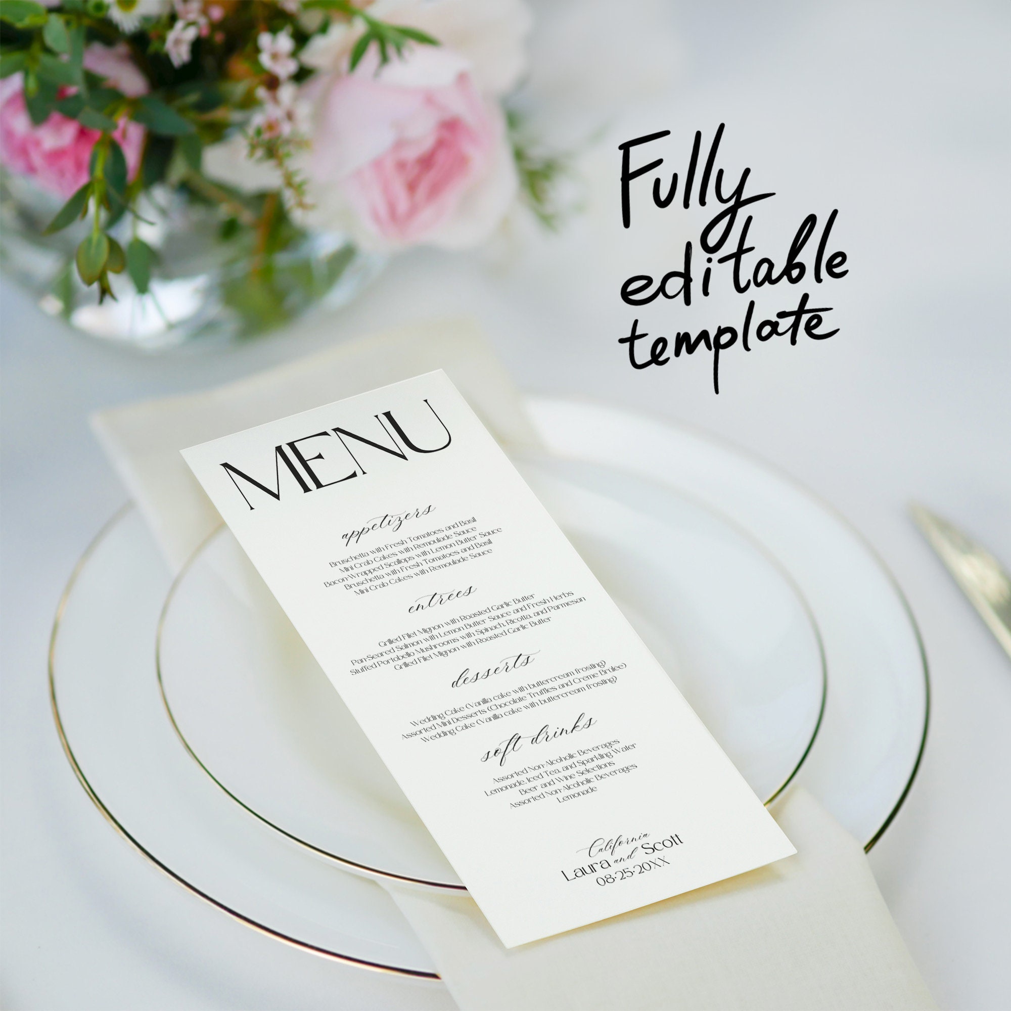 Simple Editable Wedding Menu, Printable Wedding Menu, Minimalist ...