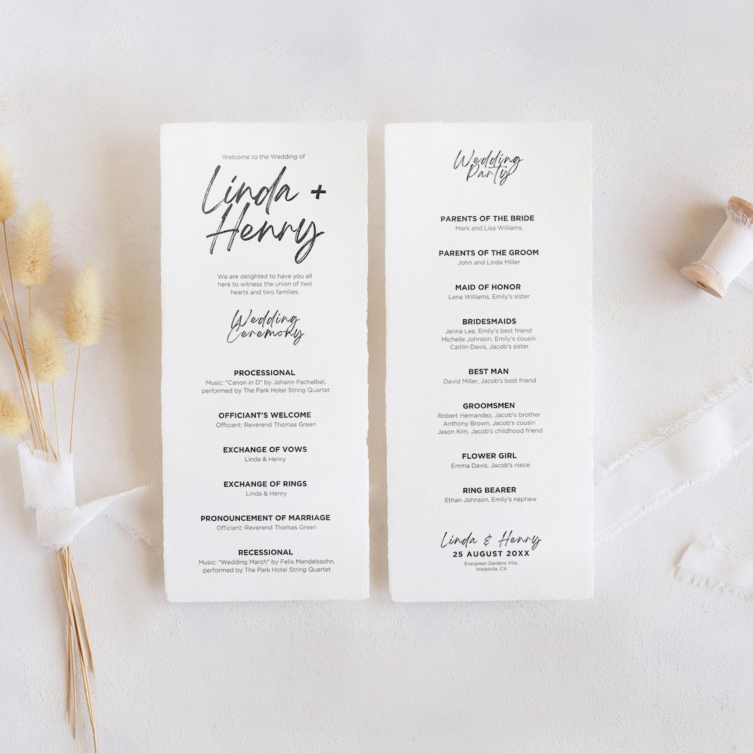 Wedding Program Template, Minimalist 4x9 Wedding Program, Editable & Printable Wedding Day ...
