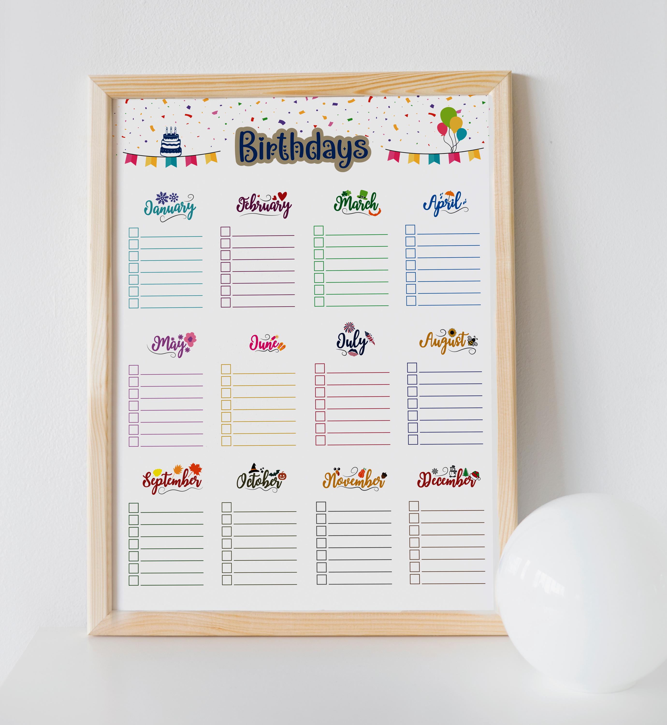 Birthday Tracker Printable Editable Birthday Calendar Printable ...