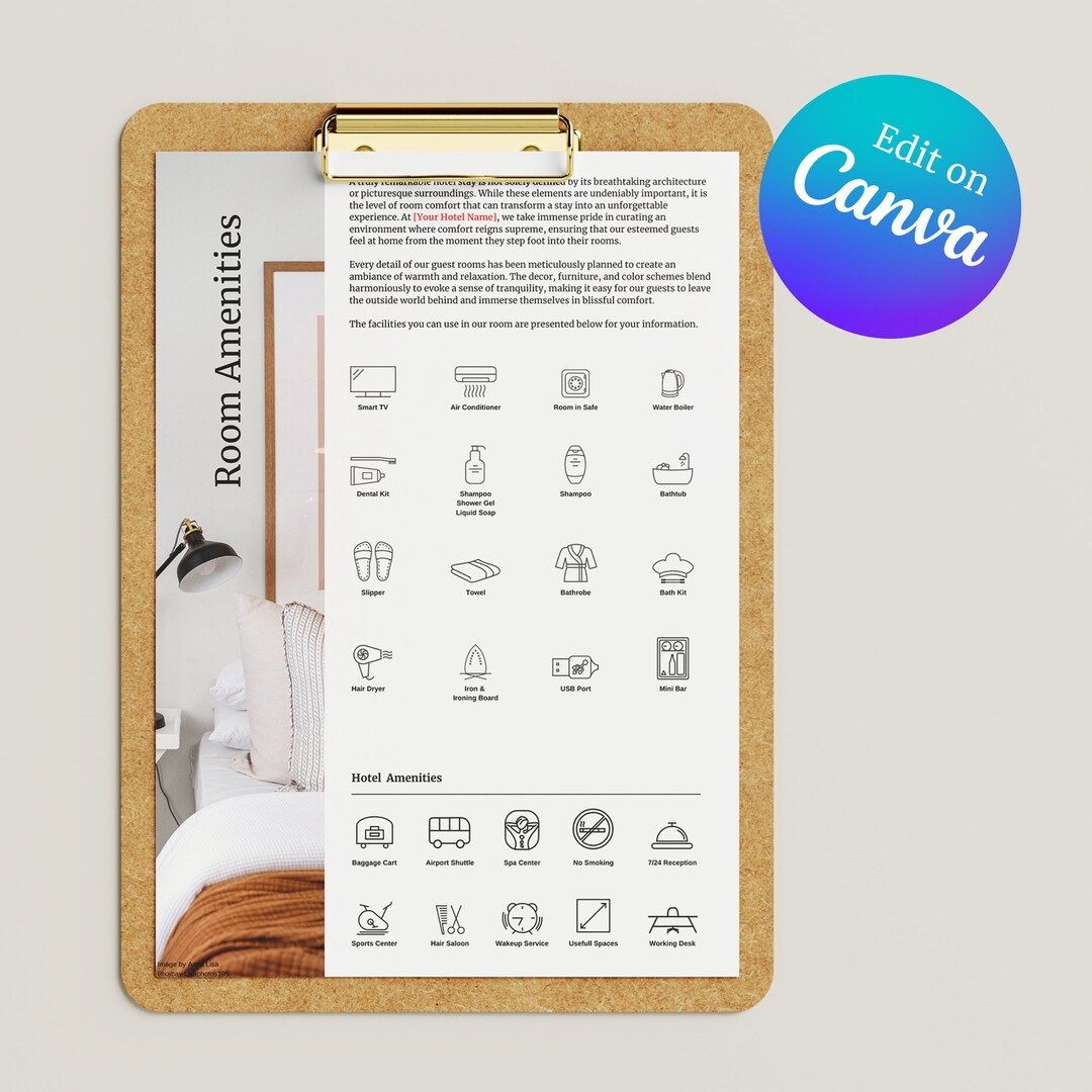 Hotel Room Amenities and Facilities Sign Canva Template Flyer Design ...