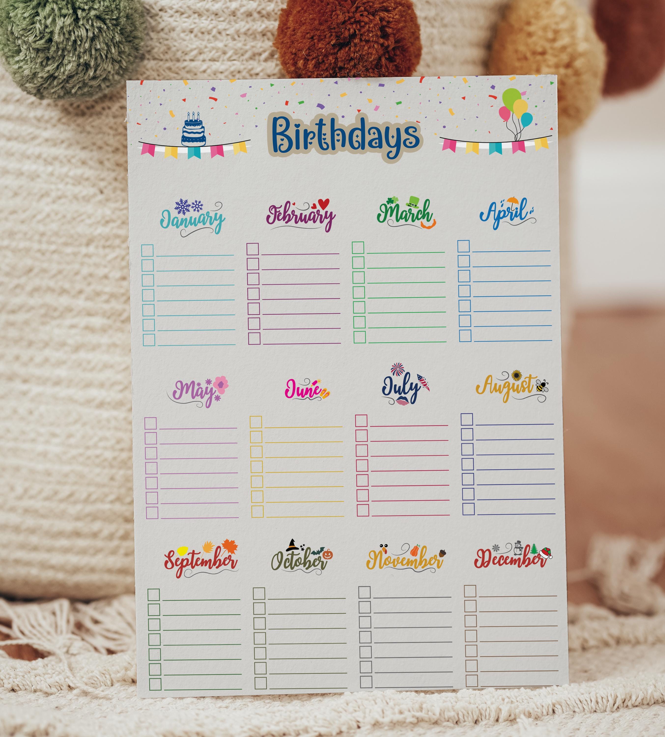 Birthday Tracker Printable Editable Birthday Calendar Printable ...