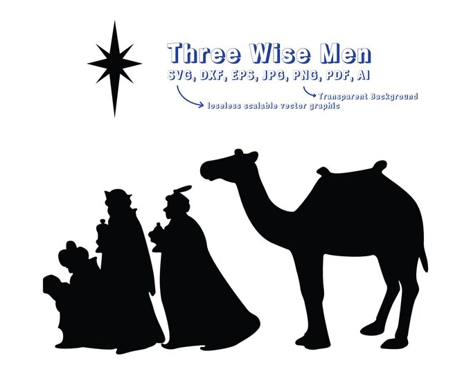 Three Wise Men Instant Downloads in Black & White PNG, JPG, SVG, Eps, Dxf Digital Download ...