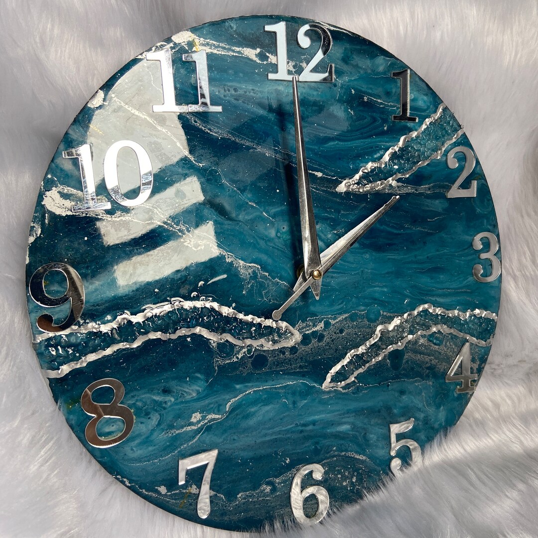 TEAL BLUE Modern Minimalistic Aesthetic Home Decor Resin Art Wall Clock ...