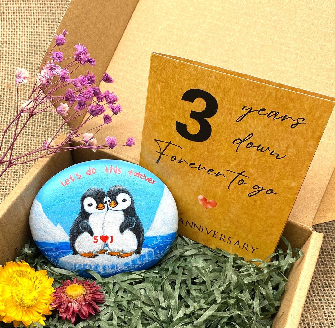 Personalized 3rd Anniversary Penguin Rock: Hand-painted Stone Gift - Etsy