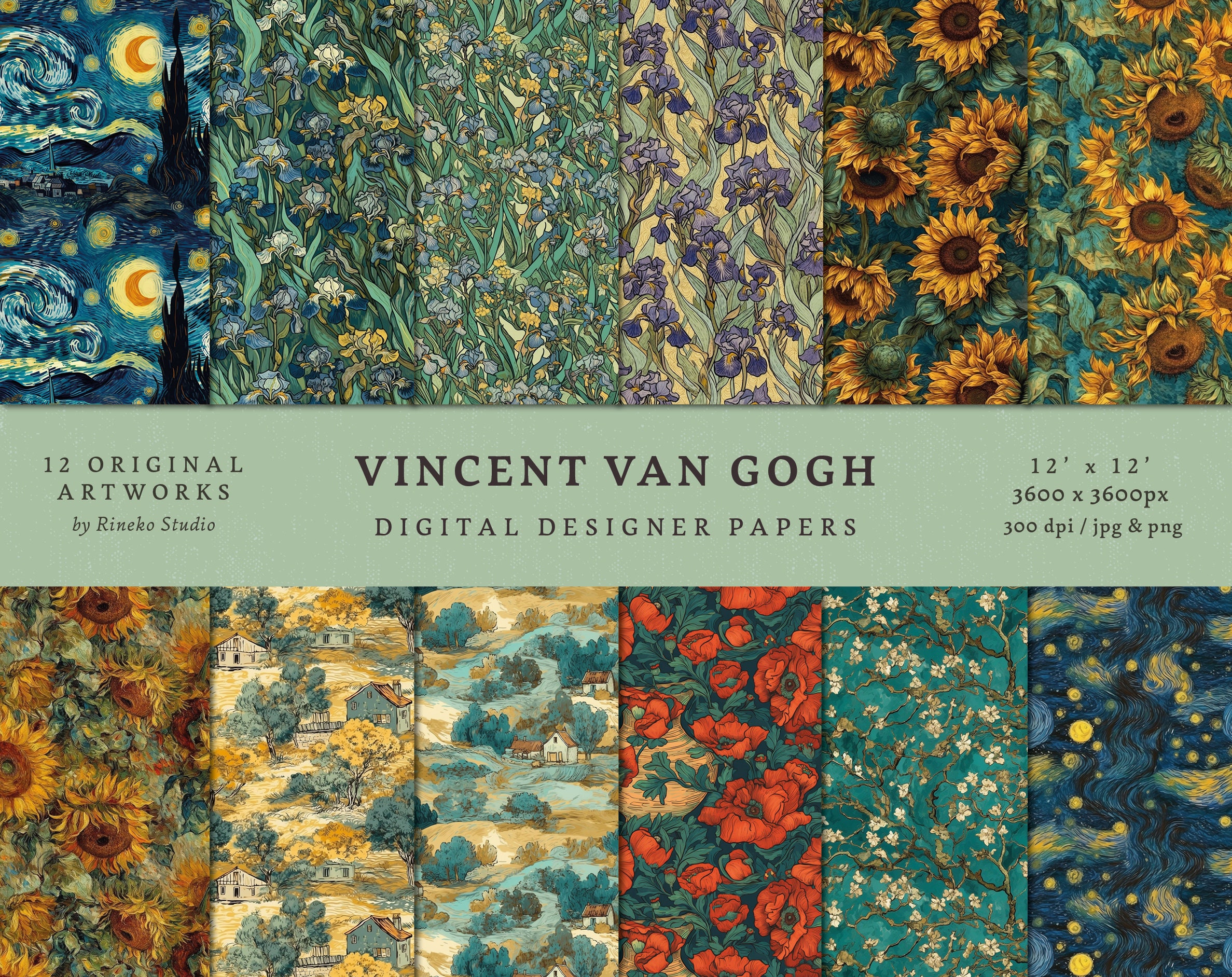 Vincent Van Gogh Digital Paper Pack 12 Designs Commercial Use INSTANT ...