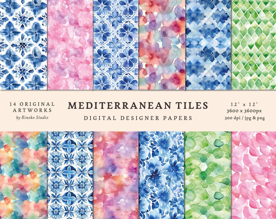 Watercolour Mediterranean Tiles Collection Digital Paper Pack - 14 ...