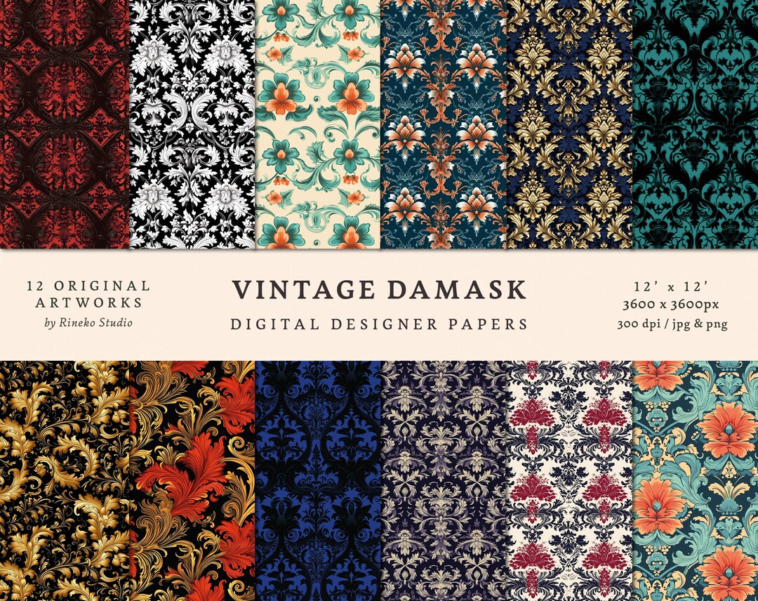 Vintage Damask Digital Paper Pack 12 Designs Commercial Use INSTANT ...