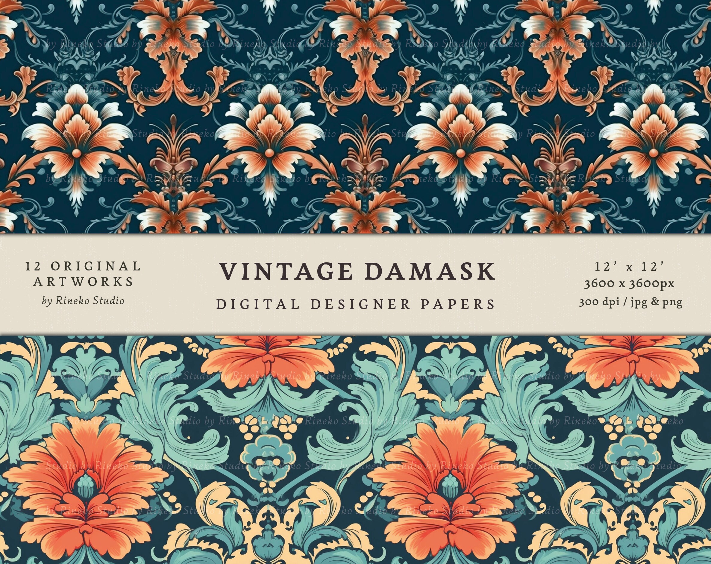 Vintage Damask Digital Paper Pack 12 Designs Commercial Use INSTANT ...