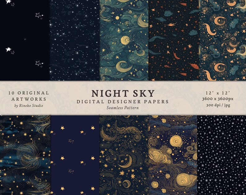 Night Sky Celestial Digital Paper Pack 10 Designs Commercial Use INSTANT DOWNLOAD Seamless ...