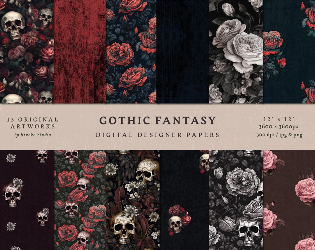 Gothic Fantasy, Skull & Roses Digital Paper Pack - 13 Designs ...