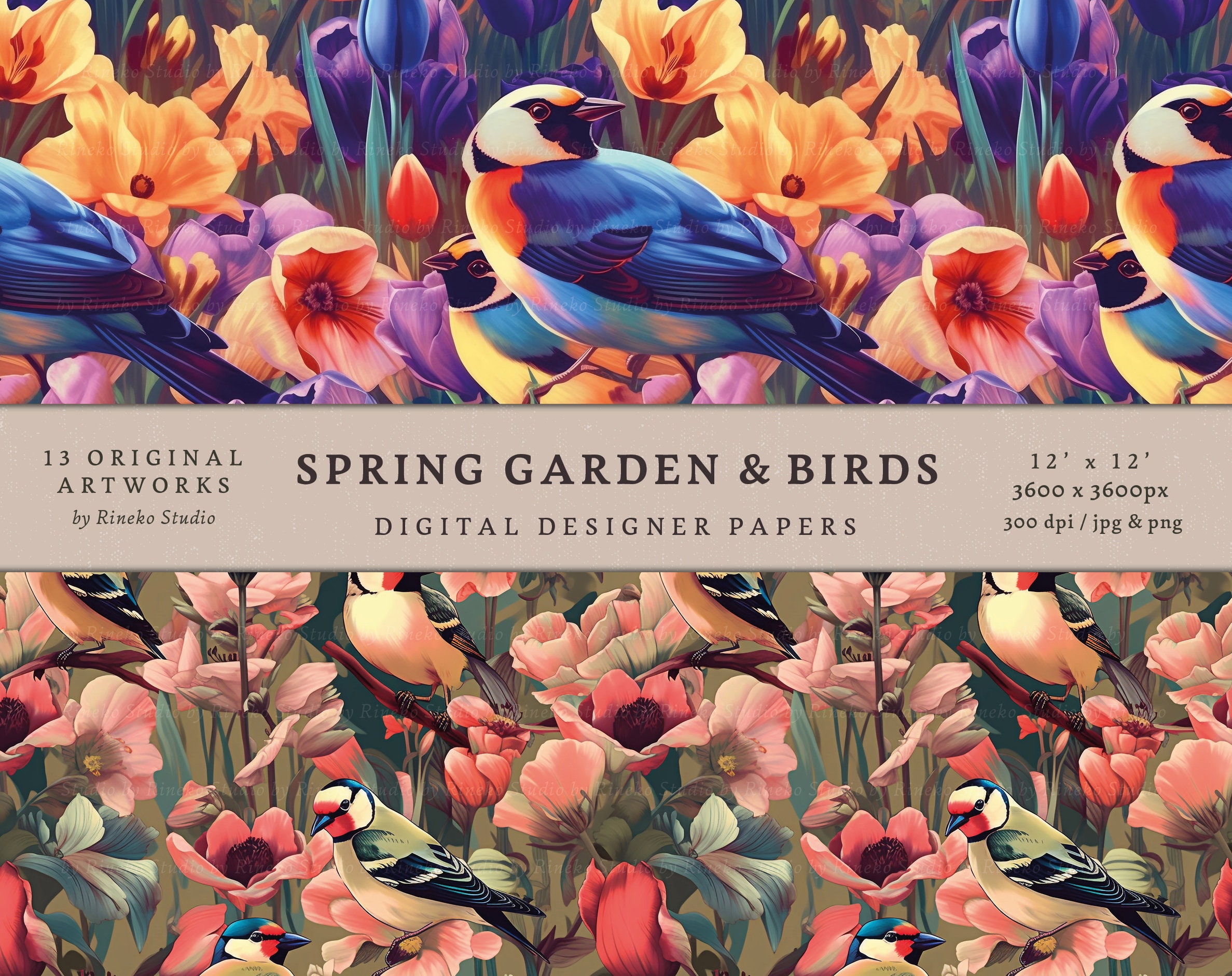 Spring Garden & Birds Digital Paper Pack 13 Designs Commercial Use ...