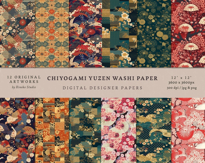 Chiyogami Yuzen Washi Paper Digital Paper Pack - 12 Designs ...