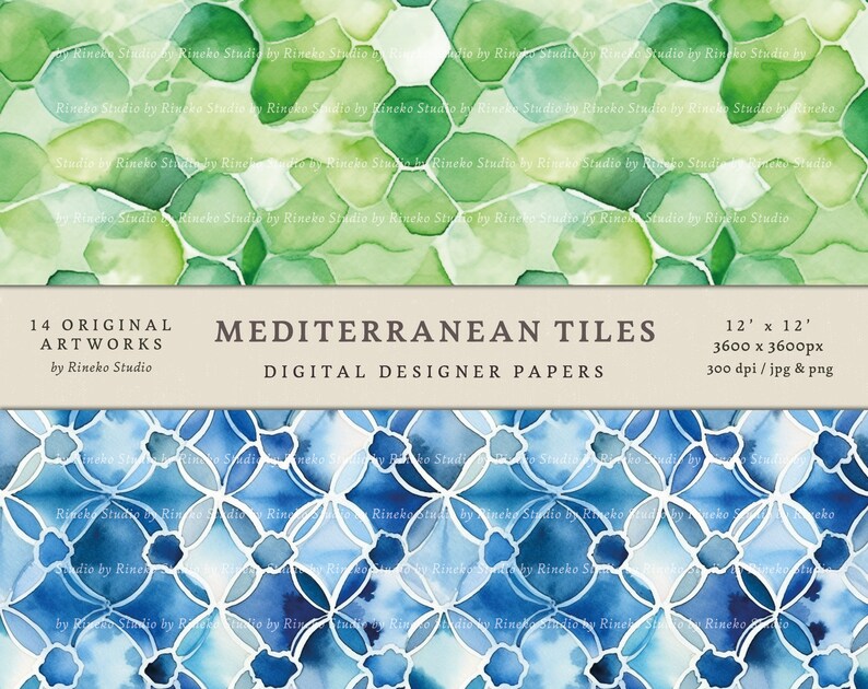 Watercolour Mediterranean Tiles Collection Digital Paper Pack - 14 ...