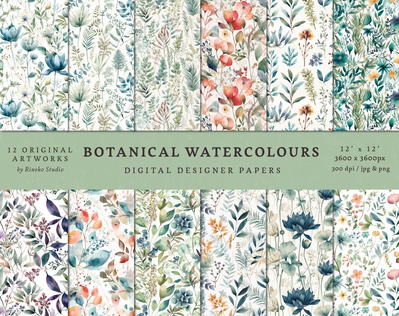 Botanical Watercolours Seamless Pattern - Digital Paper - Scrapbook ...