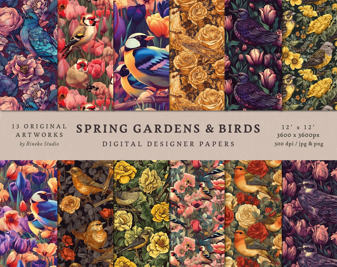 Spring Garden & Birds Digital Paper Pack 13 Designs Commercial Use ...