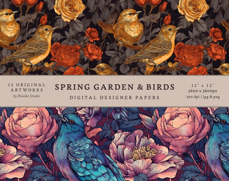 Spring Garden & Birds Digital Paper Pack 13 Designs - Etsy