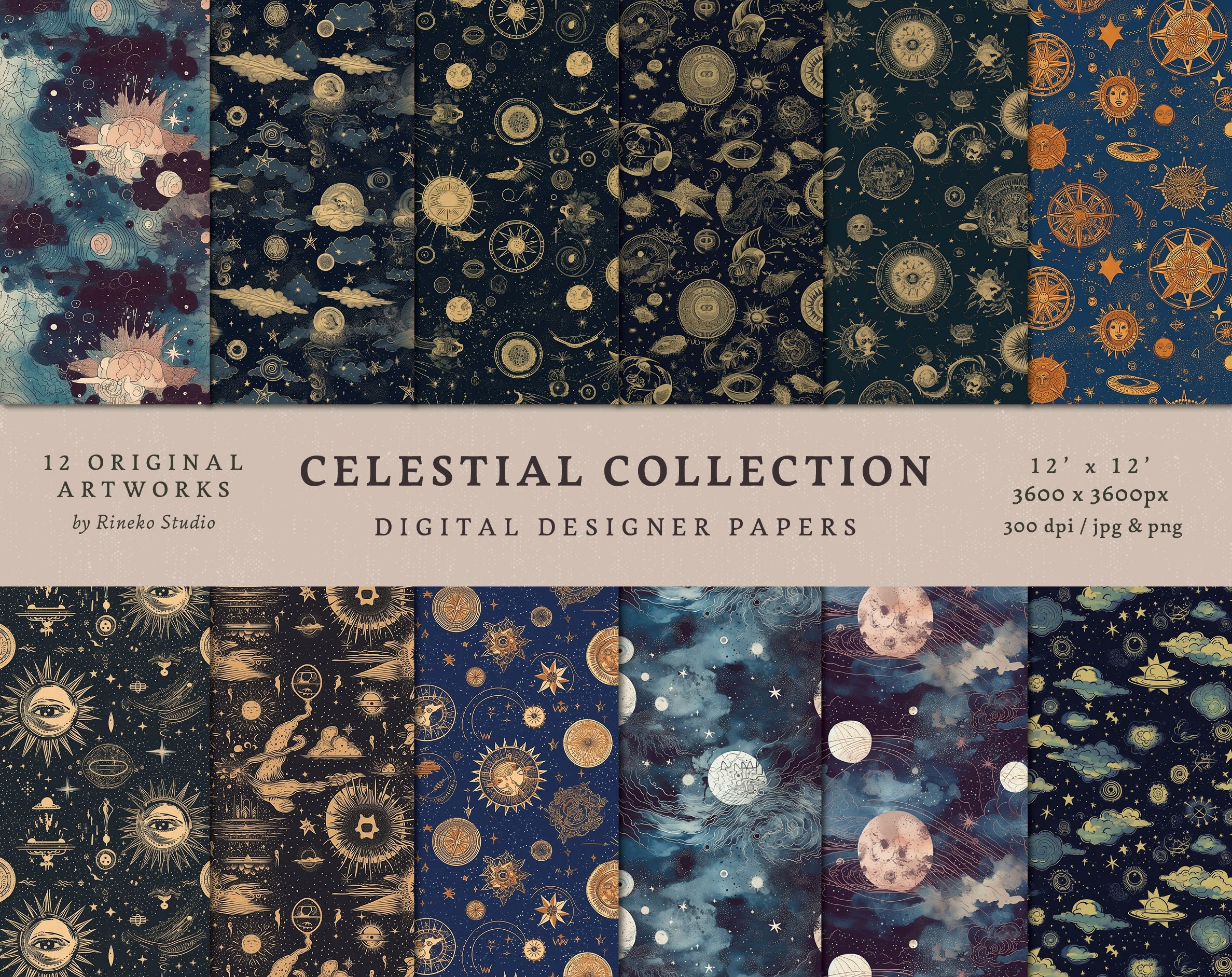 Celestial Collection Digital Paper Pack - 12 Designs - Commercial Use ...