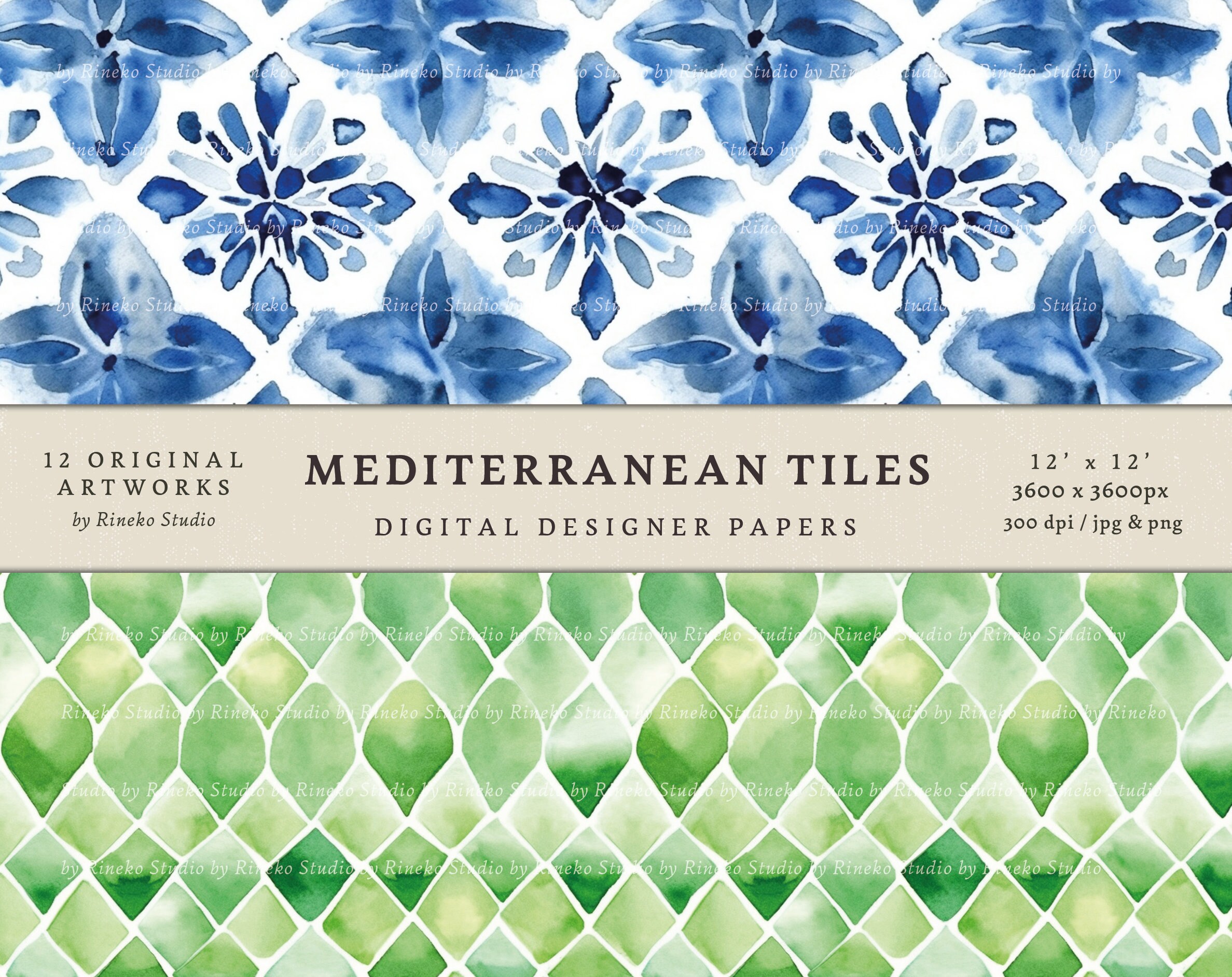 Watercolour Mediterranean Tiles Collection Digital Paper Pack - 14 ...
