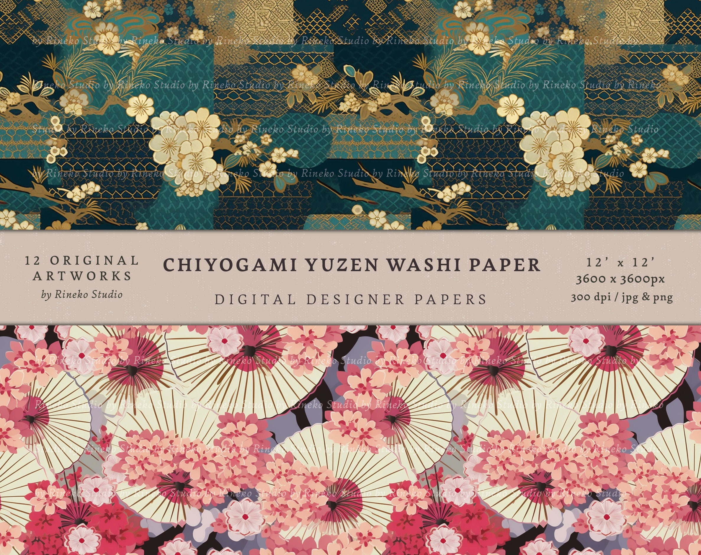 Chiyogami Yuzen Washi Paper Digital Paper Pack - 12 Designs ...