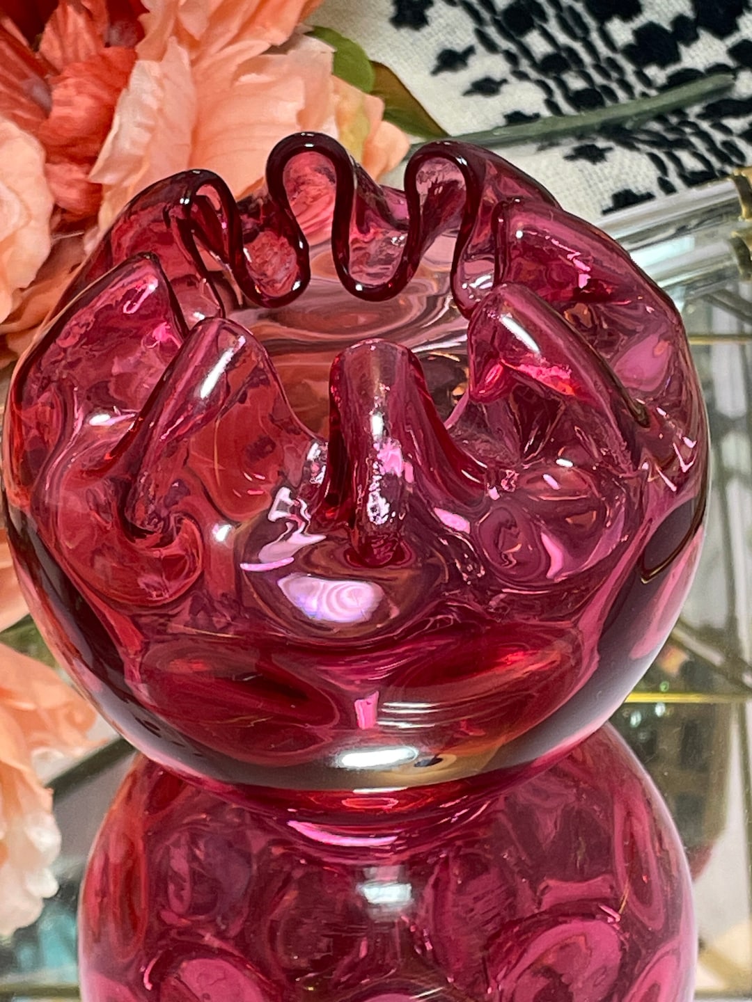 Fenton Inverted Thumbprint Cranberry/rose/ruby Crimpled Edge Glass Bowl ...