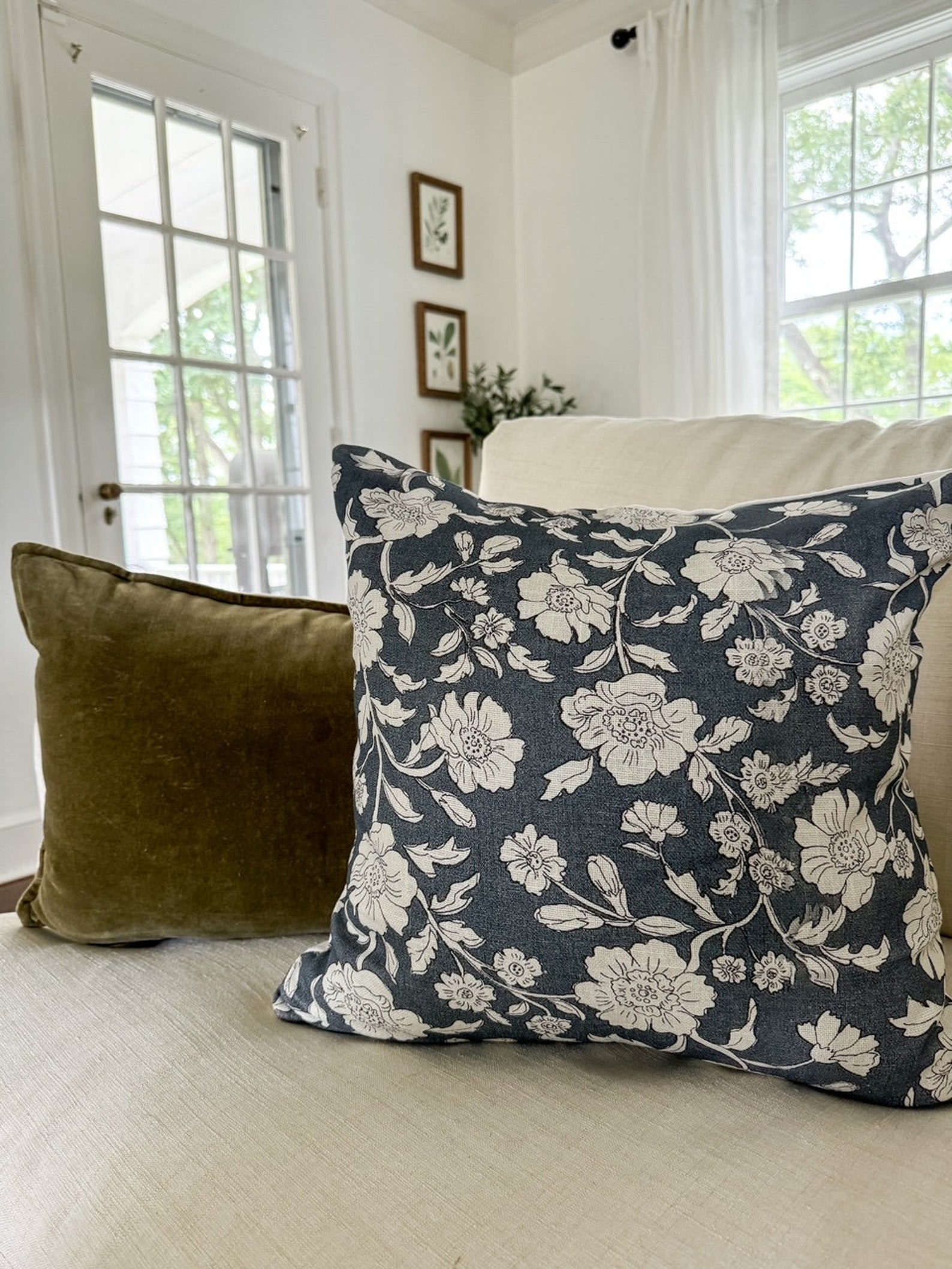 Blue Block Print Pillow Cover Floral 18 X 18 Dark Blue Cushion Cover ...
