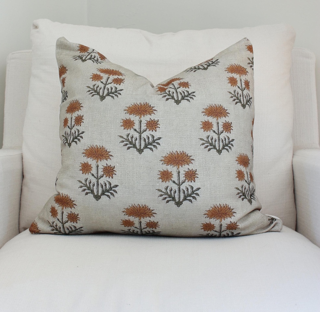 Beige Block Print Pillow Cover Floral Cushion Cover Vintage-inspired ...