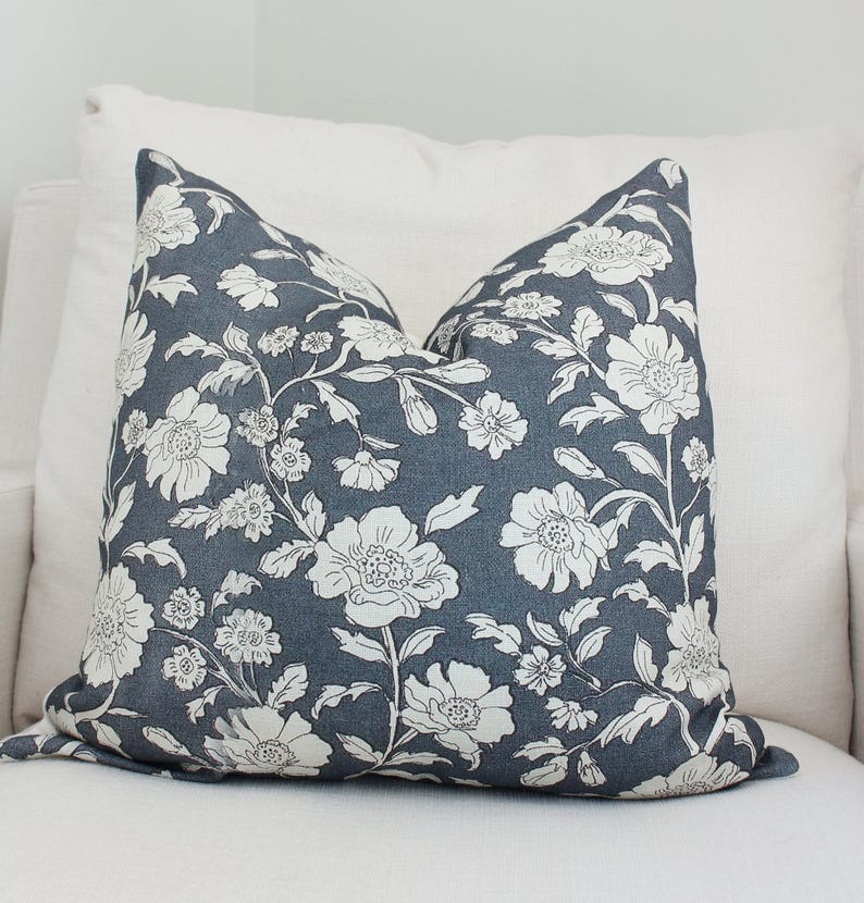 Blue Block Print Pillow Cover Floral 18 X 18 Dark Blue Cushion Cover ...