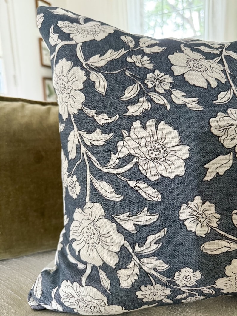 Blue Block Print Pillow Cover Floral 18 X 18 Dark Blue Cushion Cover ...