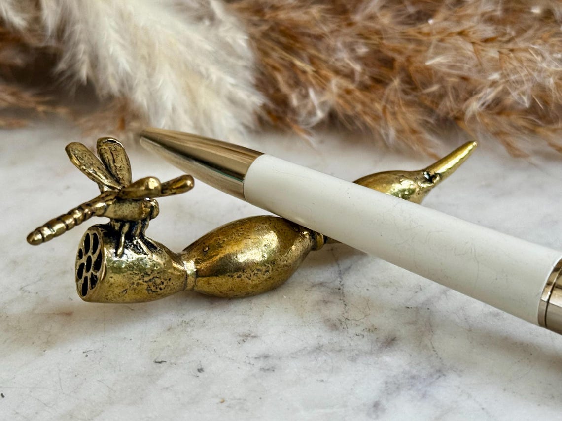 Brass Dragonfly and Lotus Pen Holder – Aged Brass Desk Ornament ...