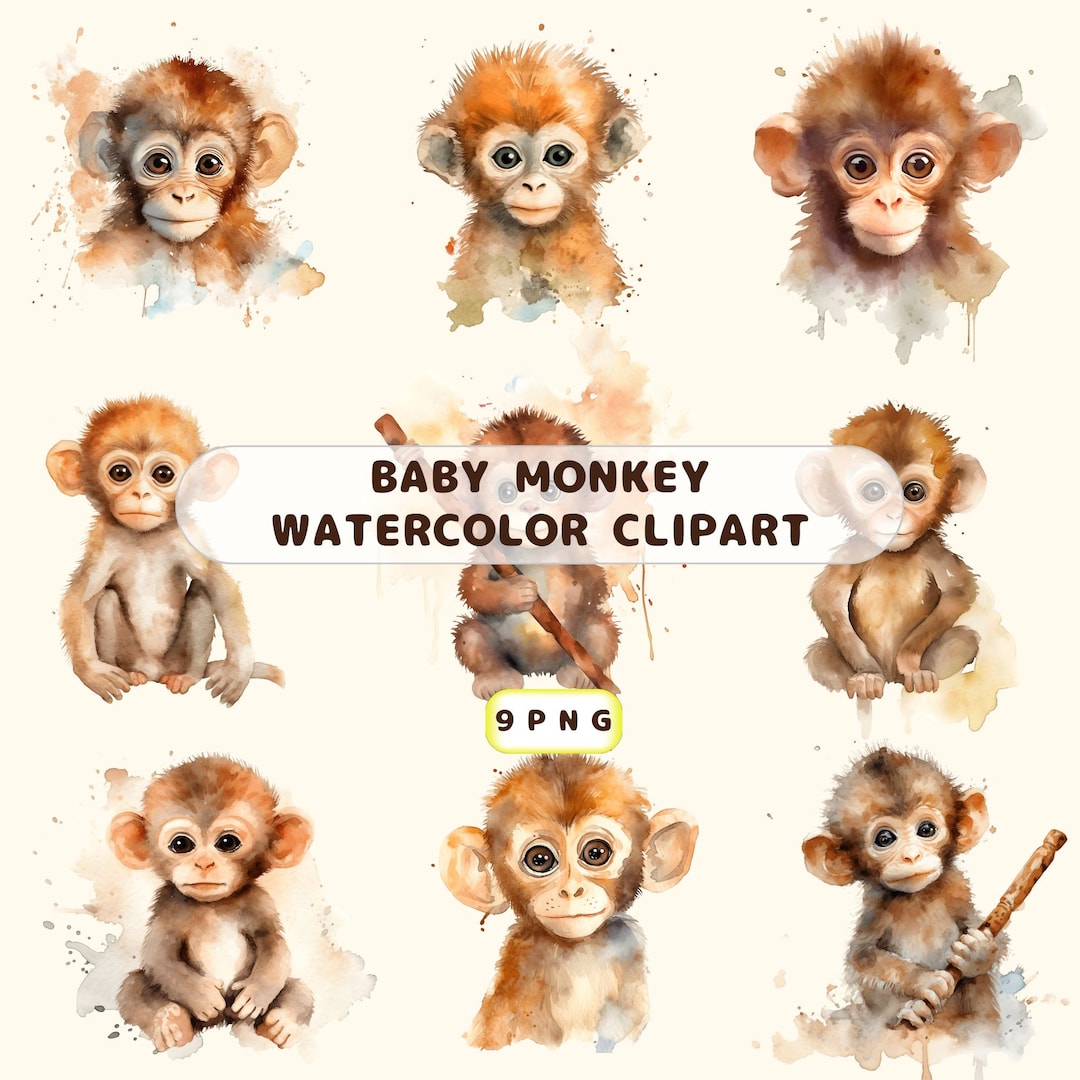 Cute Baby Monkey Watercolor Clipart Set 9 JPG Files - Etsy