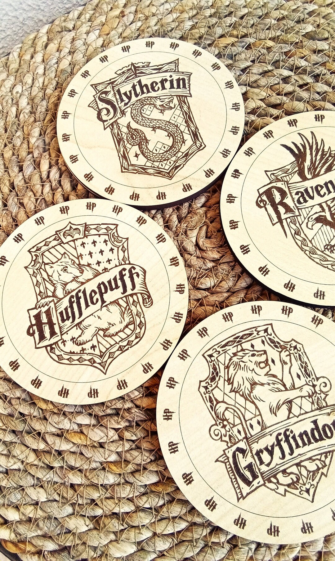 Set of 4 Hogwarts Wooden Coasters, Laser Engraved HP Coasters, Gift for HP Fan, Housewarming ...