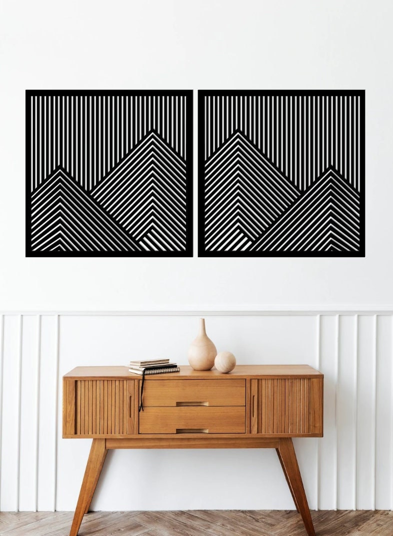 Mountain With Lines Wood Panel, Set of 2 Wood Wall Art Decor, Wooden ...