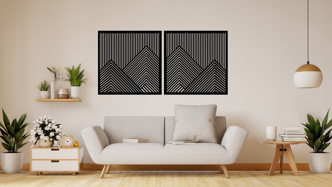 Mountain With Lines Wood Panel, Set of 2 Wood Wall Art Decor, Wooden ...