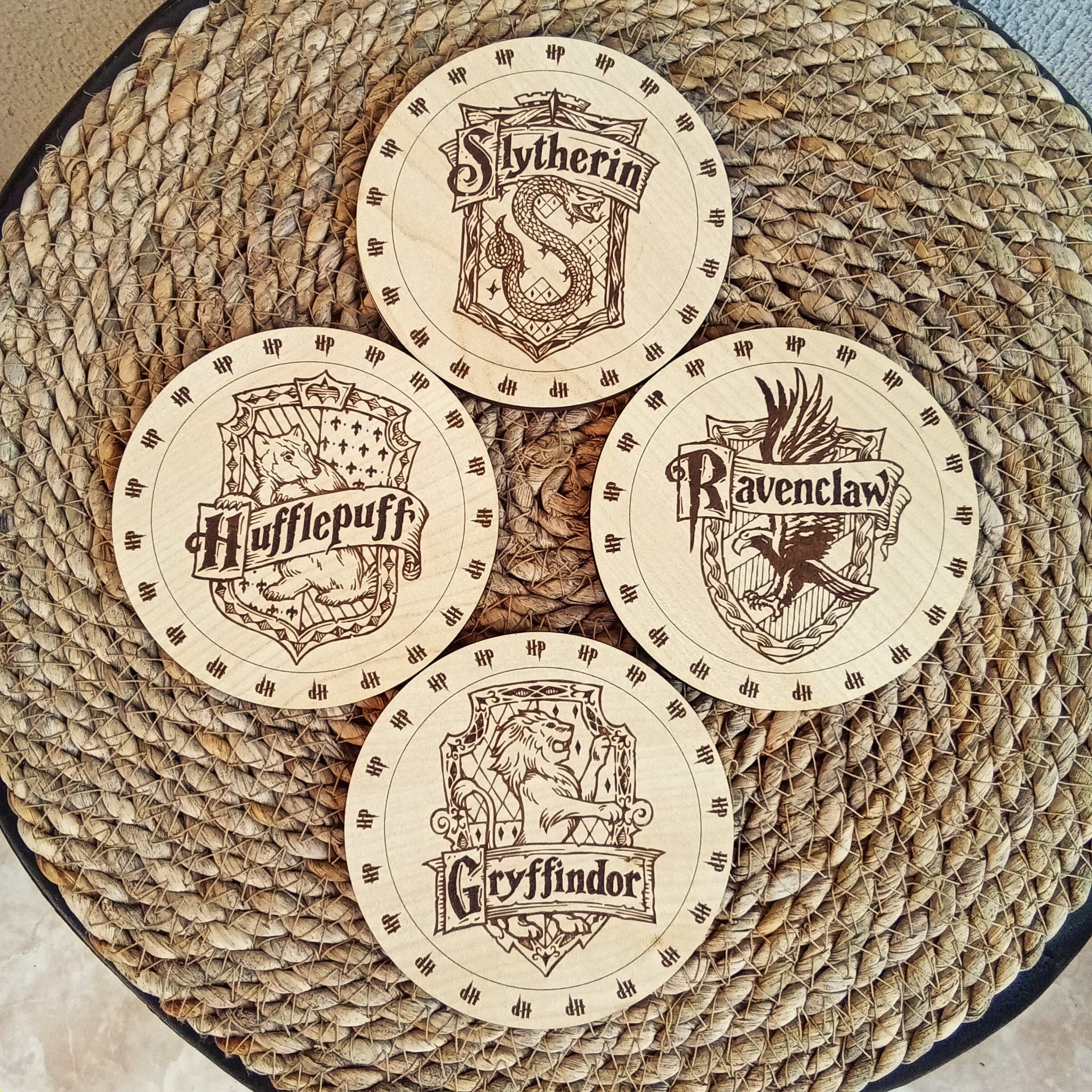 Set of 4 Hogwarts Wooden Coasters, Laser Engraved HP Coasters, Gift for ...