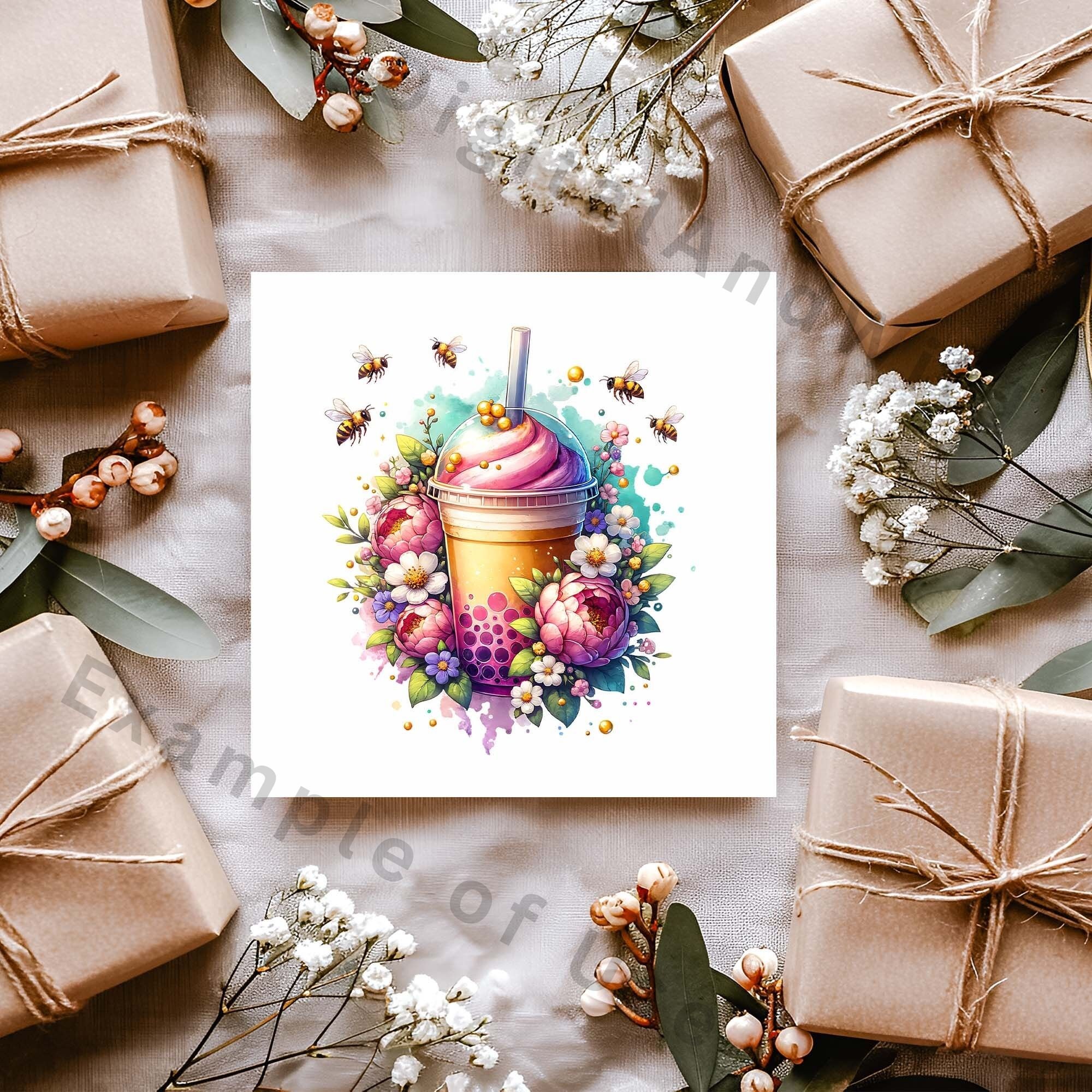 Floral Bubble Tea Clipart: Watercolor Flower Tea Lover PNG Set (digital ...